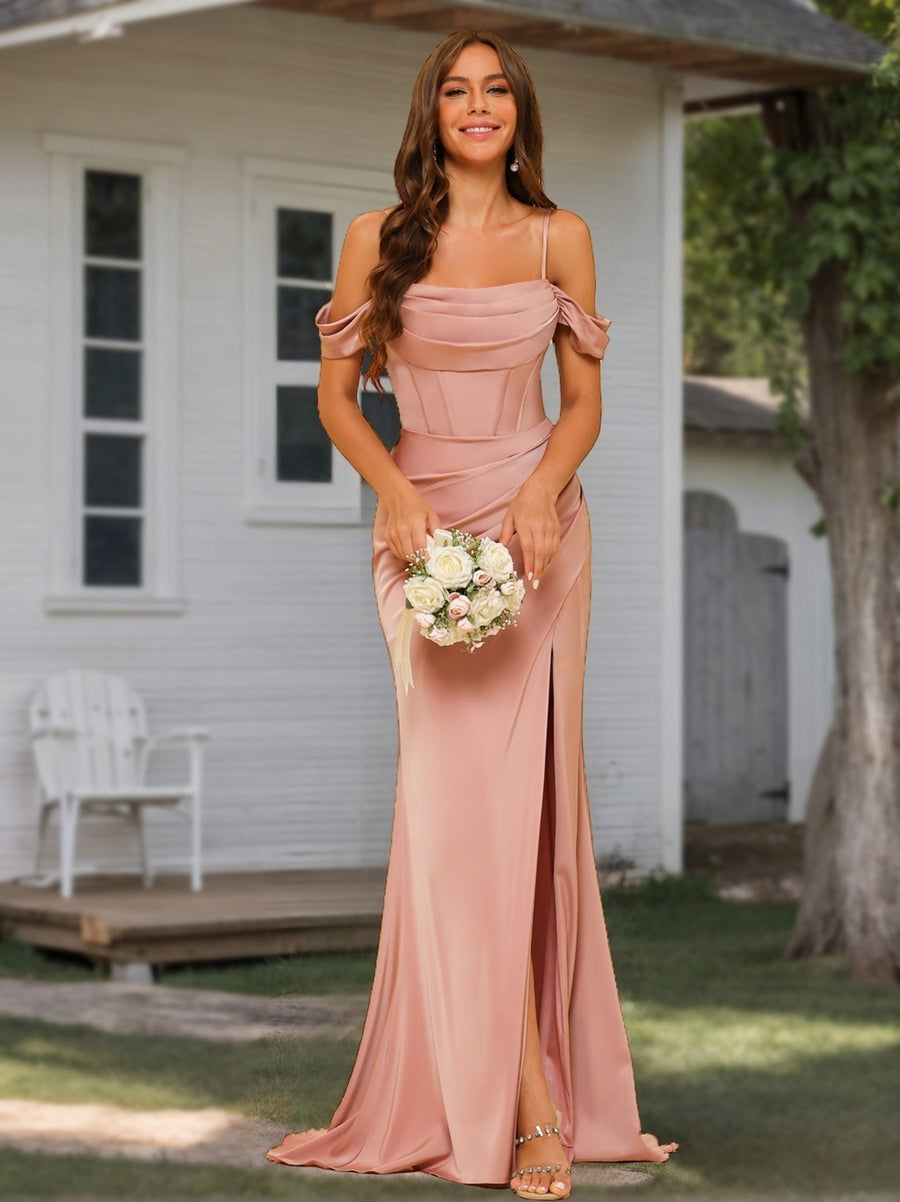 Sheath/Column Off-the-Shoulder Spaghetti Straps Floor-Length Formal Dr ...